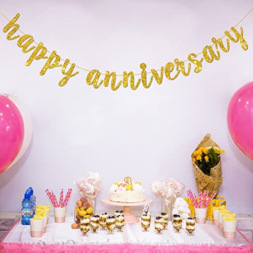 INNORU Gold Glitter Happy Anniversary Banner - Birthday Sign Bunting - Wedding Anniversary Party Decorations