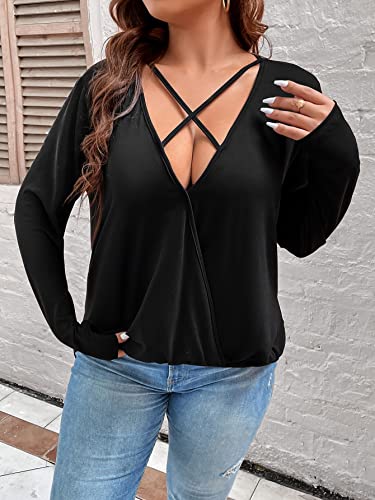 WDIRARA Women's Plus Size Criss Cross Wrap Deep V Neck Long Sleeve Tee T Shirt Black 2XL