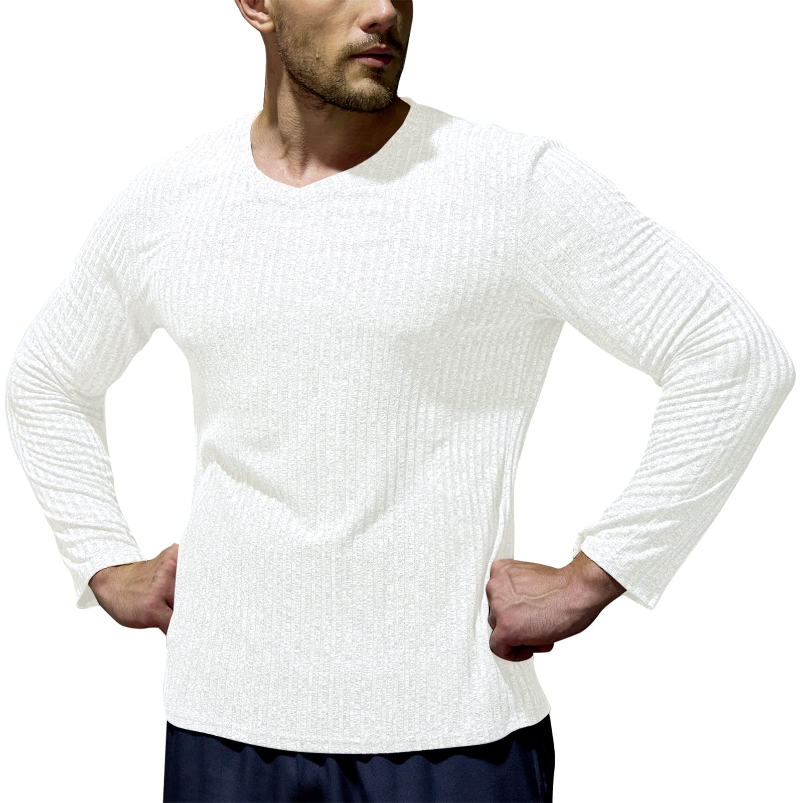 CTU Men's Fashion Athletic T-Shirts Long Sleeve Shirts Workout V Neck Solid Color Tee Shirt Top White