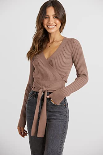 PRETTYGARDEN Women's Fashion Wrap V Neck Cropped Sweater Long Sleeve Solid Slim Fit Belted Pullover Ribbed Knit Sweater Tops(Small, Khaki)