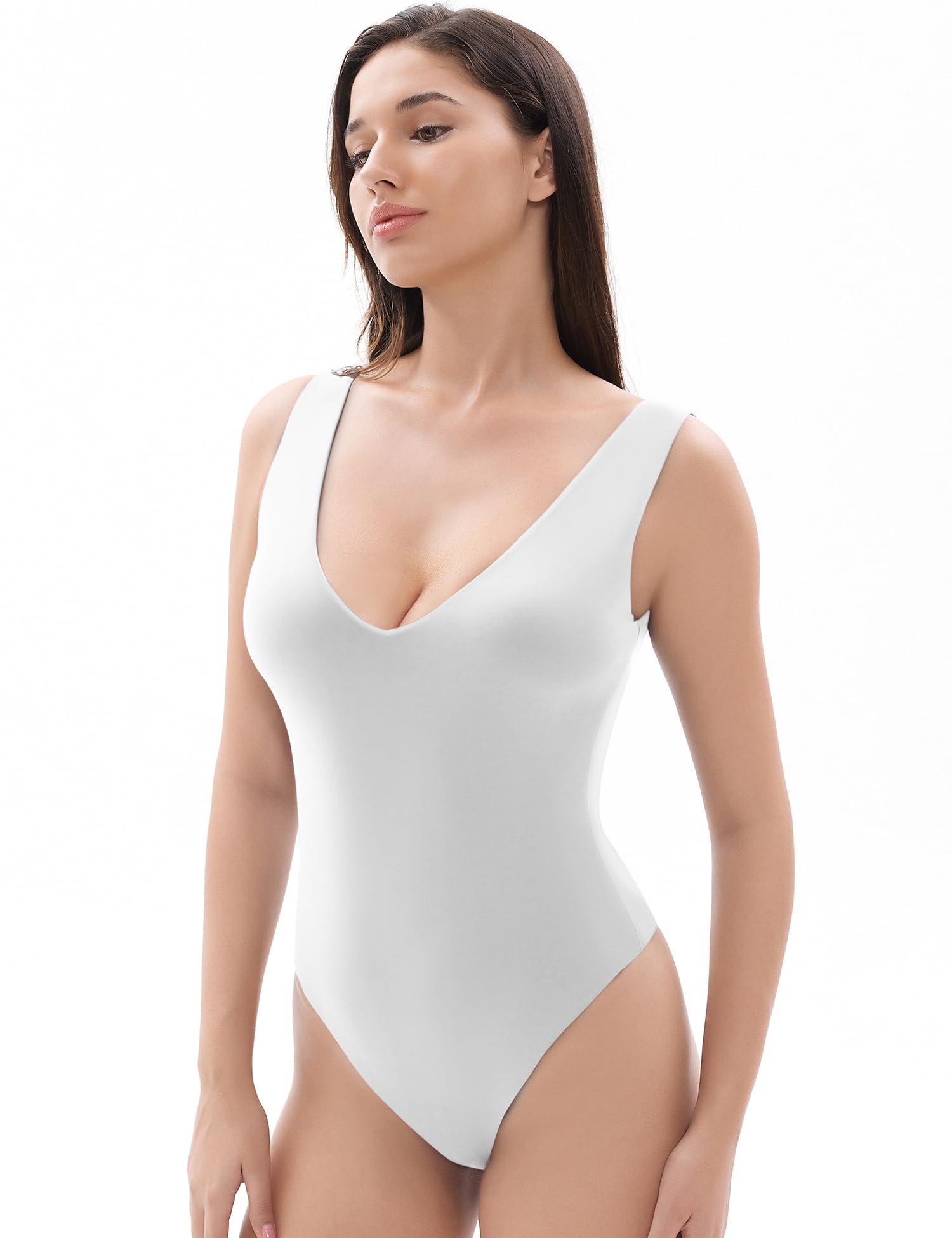 UEU Women’s Summer Sexy Deep V Neck Body Suits Backless Sleeveless Tong Bodysuit Tank Double Lined Tops for Women(White,S)