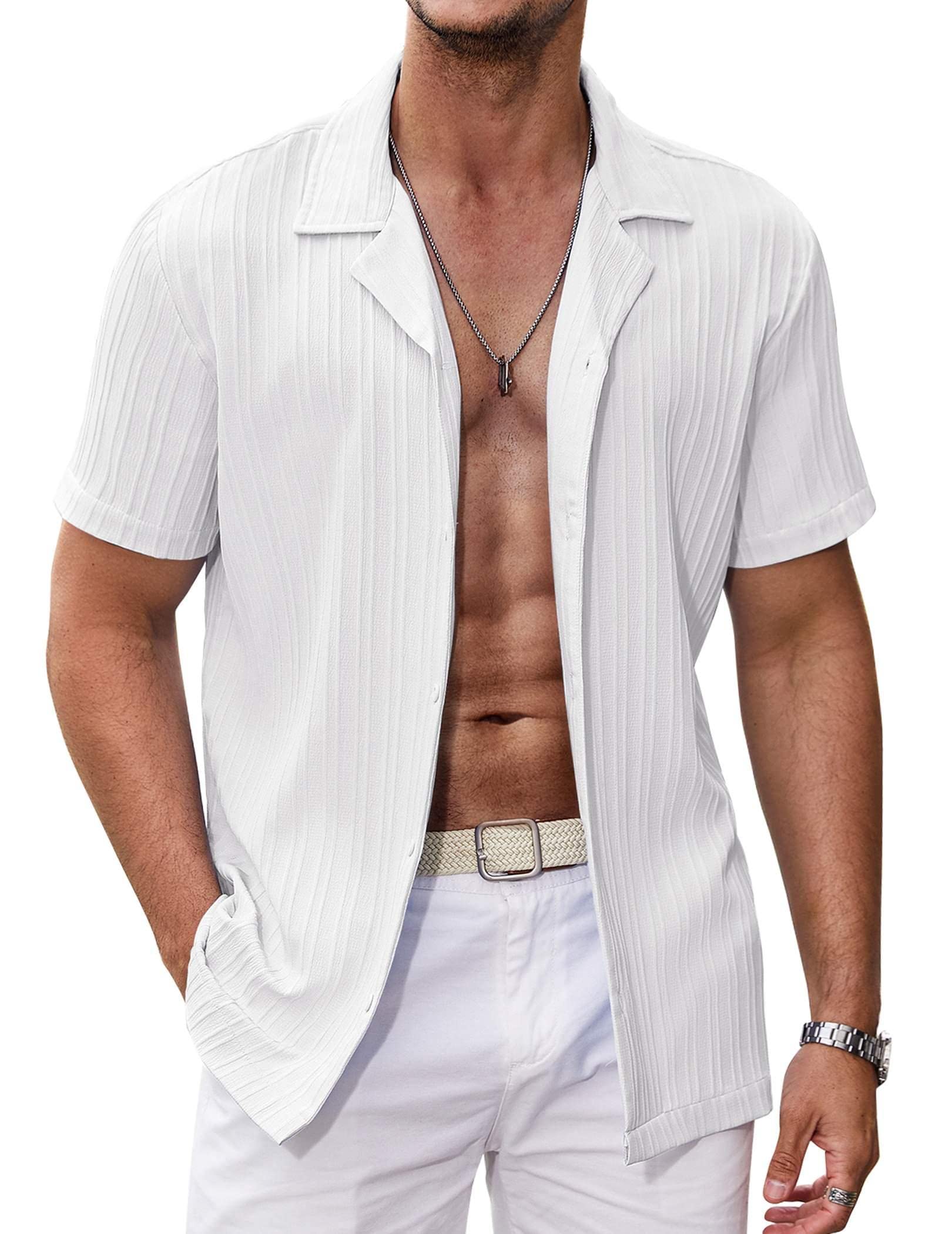 COOFANDY Mens Beach Shirt Short Sleeve Fashion Summer Beach Casual Shirts for Men Regular Fit White - L