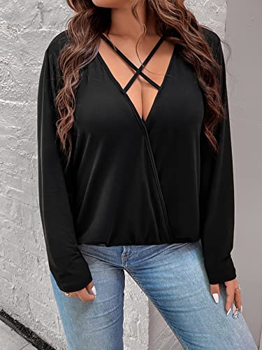 WDIRARA Women's Plus Size Criss Cross Wrap Deep V Neck Long Sleeve Tee T Shirt Black 2XL