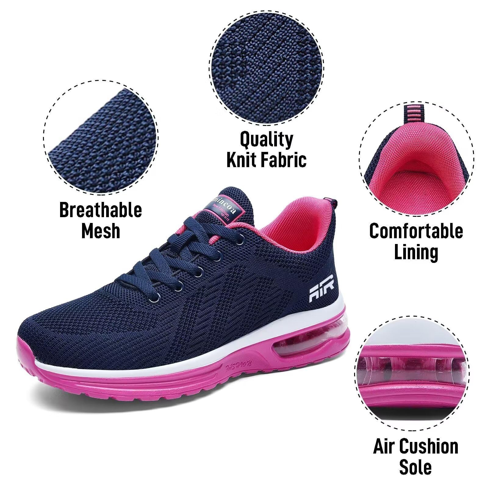 Wide Width Womens Sneakers Air Cushion Running Shoes Walking Tennis Shoes for Women Blue-Rose