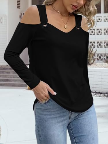 Bellcoco Womens Fashion Cold Shoulder Tops V Neck Black Blouse Tunic Shirts Summer Long Sleeve T Shirts