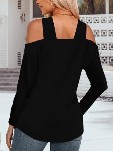 Bellcoco Womens Fashion Cold Shoulder Tops V Neck Black Blouse Tunic Shirts Summer Long Sleeve T Shirts