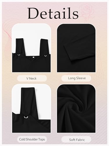 Bellcoco Womens Fashion Cold Shoulder Tops V Neck Black Blouse Tunic Shirts Summer Long Sleeve T Shirts