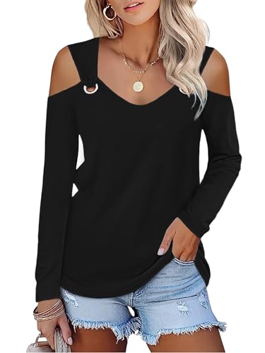 Bellcoco Womens Fashion Cold Shoulder Tops V Neck Black Blouse Tunic Shirts Summer Long Sleeve T Shirts