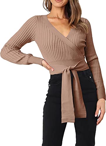 PRETTYGARDEN Women's Fashion Wrap V Neck Cropped Sweater Long Sleeve Solid Slim Fit Belted Pullover Ribbed Knit Sweater Tops(Small, Khaki)