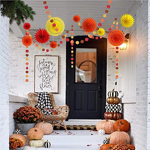 Orange Yellow Red Thanks Giving Party Decorations Autumn Fall Paper Fan Tissue Pompom Hanging Circle Dot Garland Banner Backdrop Birthday Wedding Bridal Baby Shower Decor Home Office School