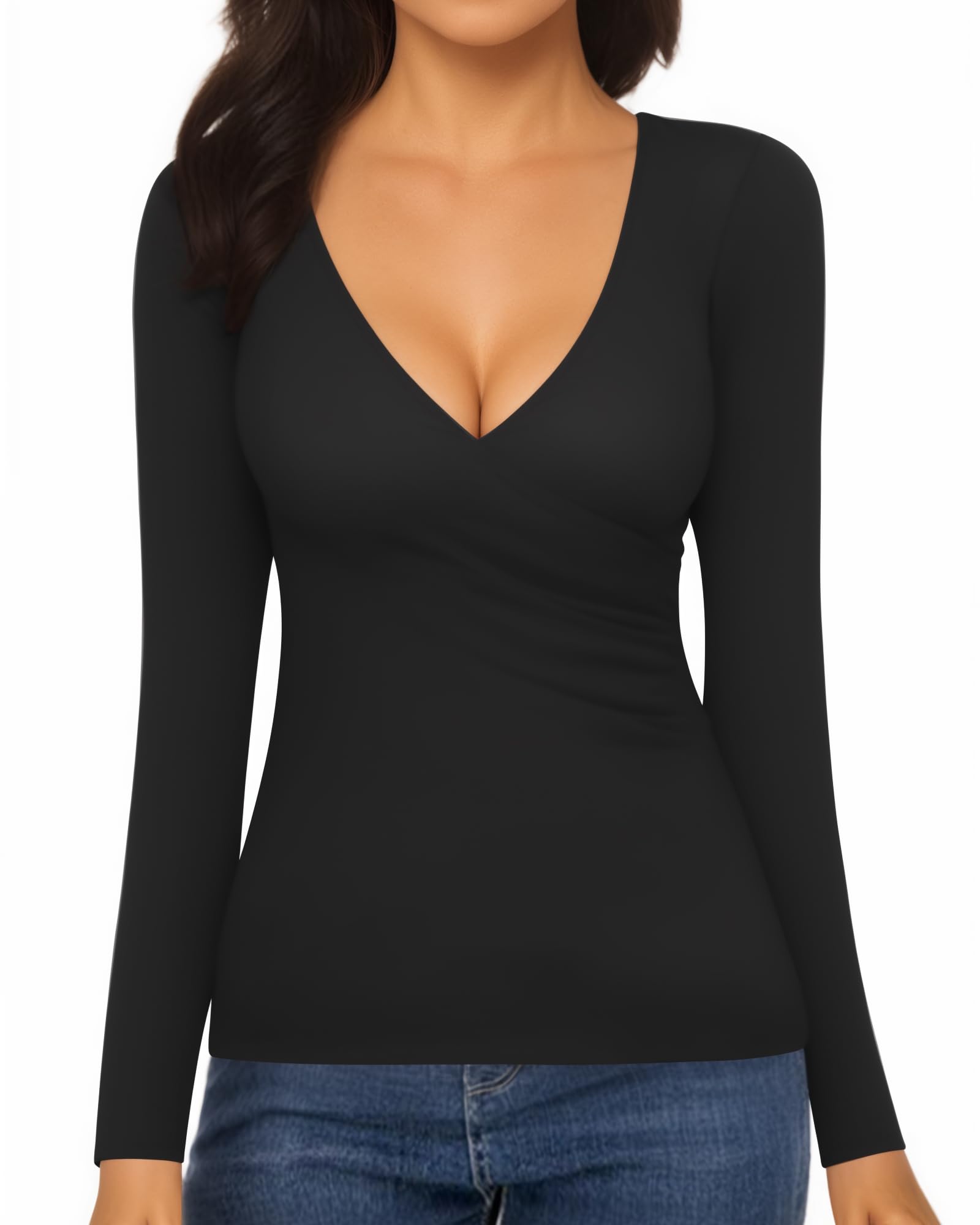 MANGOPOP Women's Cross Wrap Ruched Plunge Sexy Deep V Neck Slim Fit Long Sleeve T Shirt Tunic Tops Tee