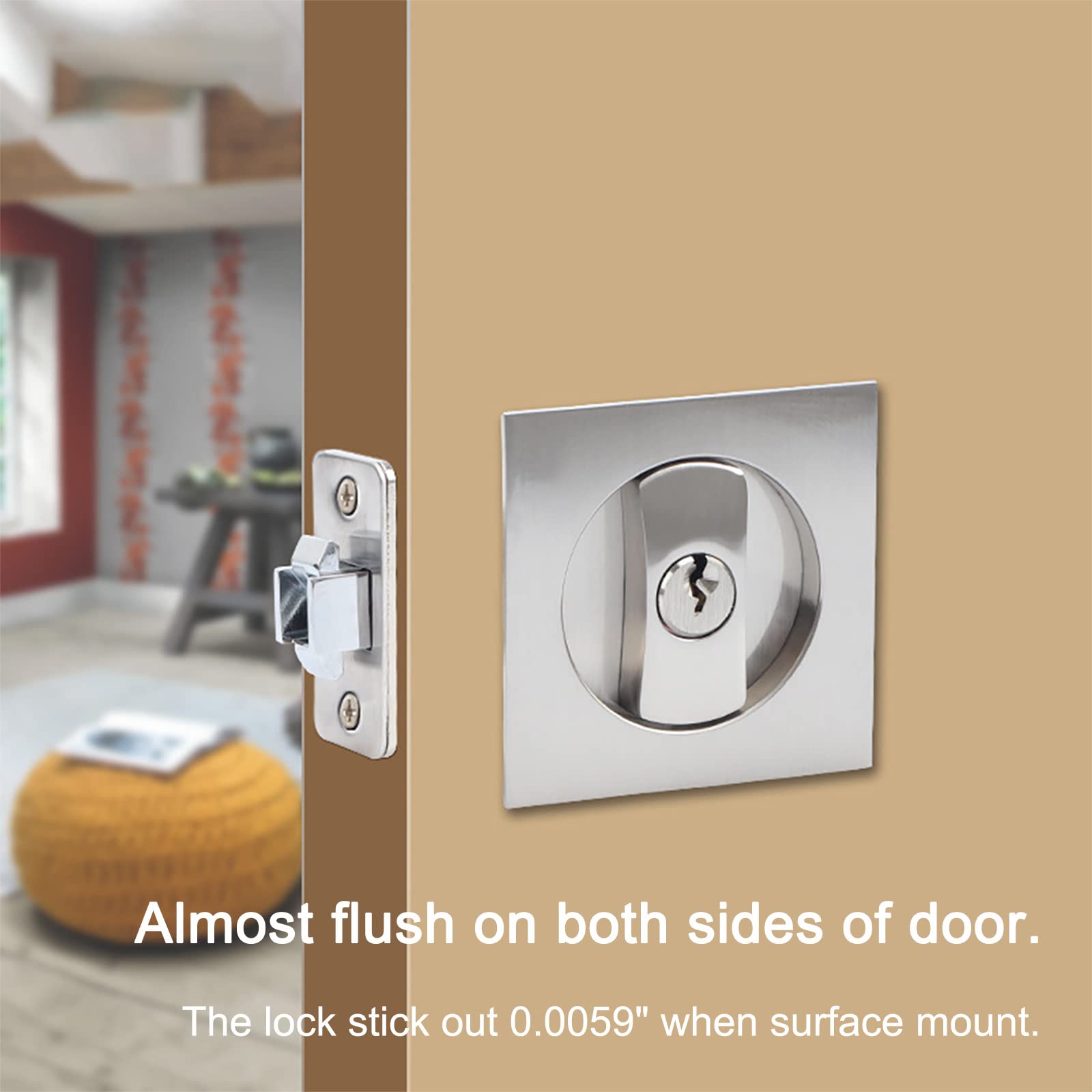 LWZH Brushed Silver Privacy Pocket Door Lock with Keys,Square Sliding Barn Door Lock Latch,Invisible Recessed Door Lock for 1 3/8” to 2 3/16” Thickness Door