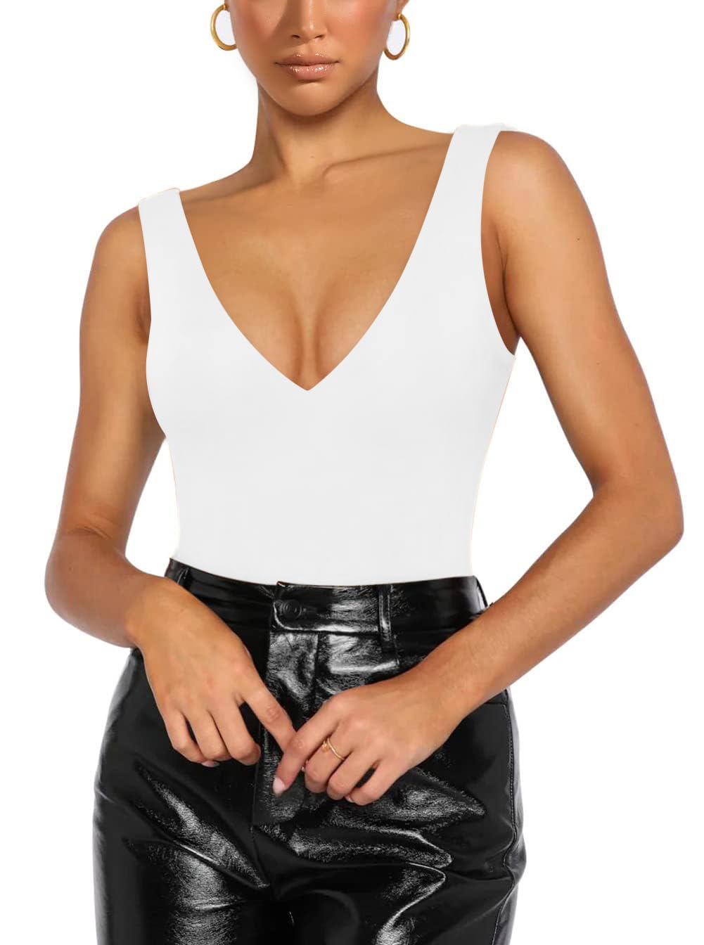 UEU Women’s Summer Sexy Deep V Neck Body Suits Backless Sleeveless Tong Bodysuit Tank Double Lined Tops for Women(White,S)