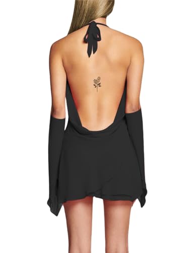 Hilinker Womens Sexy Deep V Neck Bodycon Dress Long Bell Sleeve Sheer Mini Party Dresses Black Medium