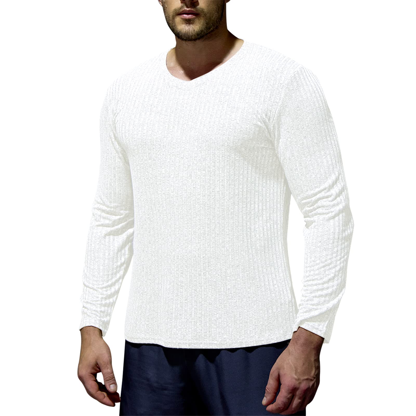 CTU Men's Fashion Athletic T-Shirts Long Sleeve Shirts Workout V Neck Solid Color Tee Shirt Top White