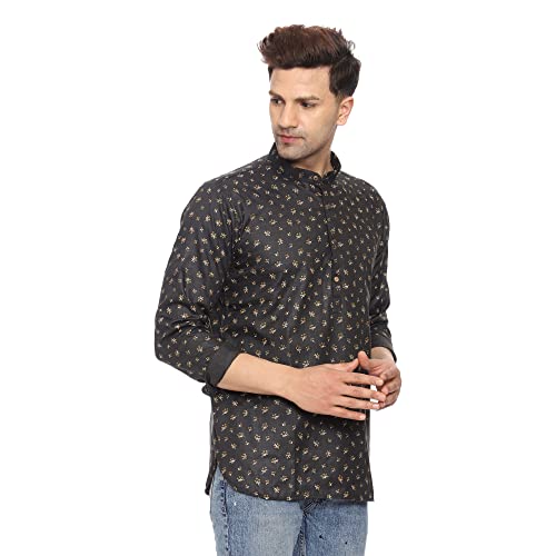 ITOS365 Men's Tunic Cotton Short Kurta Button Down Shirt Indian Clothing Casual Party Dress Gifts Items Black Medium