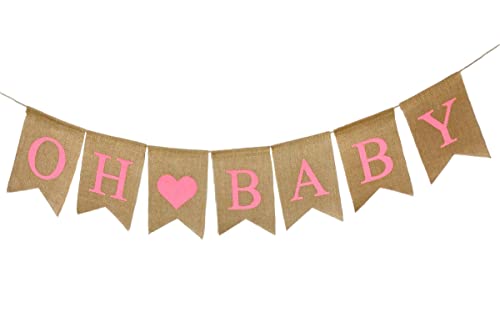 Shimmer Anna Shine Oh Baby Burlap Banner for Baby Shower Decorations and Gender Reveal Party (Pink)