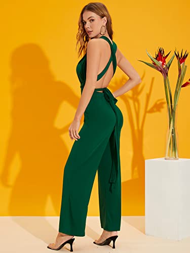 SweatyRocks Women's Sexy Deep V Neck Sleeveless Halter Jumpsuit Backless High Waist Wide Leg Romper Dark Green M