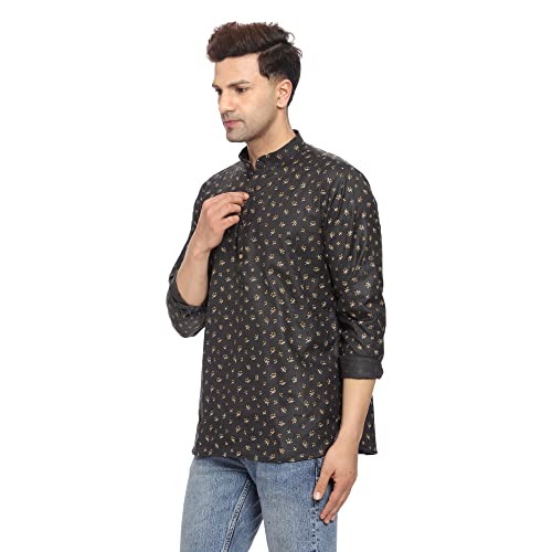 ITOS365 Men's Tunic Cotton Short Kurta Button Down Shirt Indian Clothing Casual Party Dress Gifts Items Black Medium