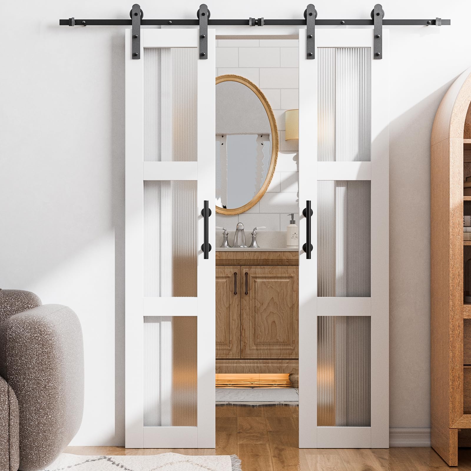 VINGLI 36in x 84in Glass Barn Door with 6.6ft Sliding Barn Door Hardware Kit &Handles, Pre-Drilled Holes Easy Assembly Solid Wood Slab White Sliding Door (Double 18"x84" Doors + 6.6' Track Kit)