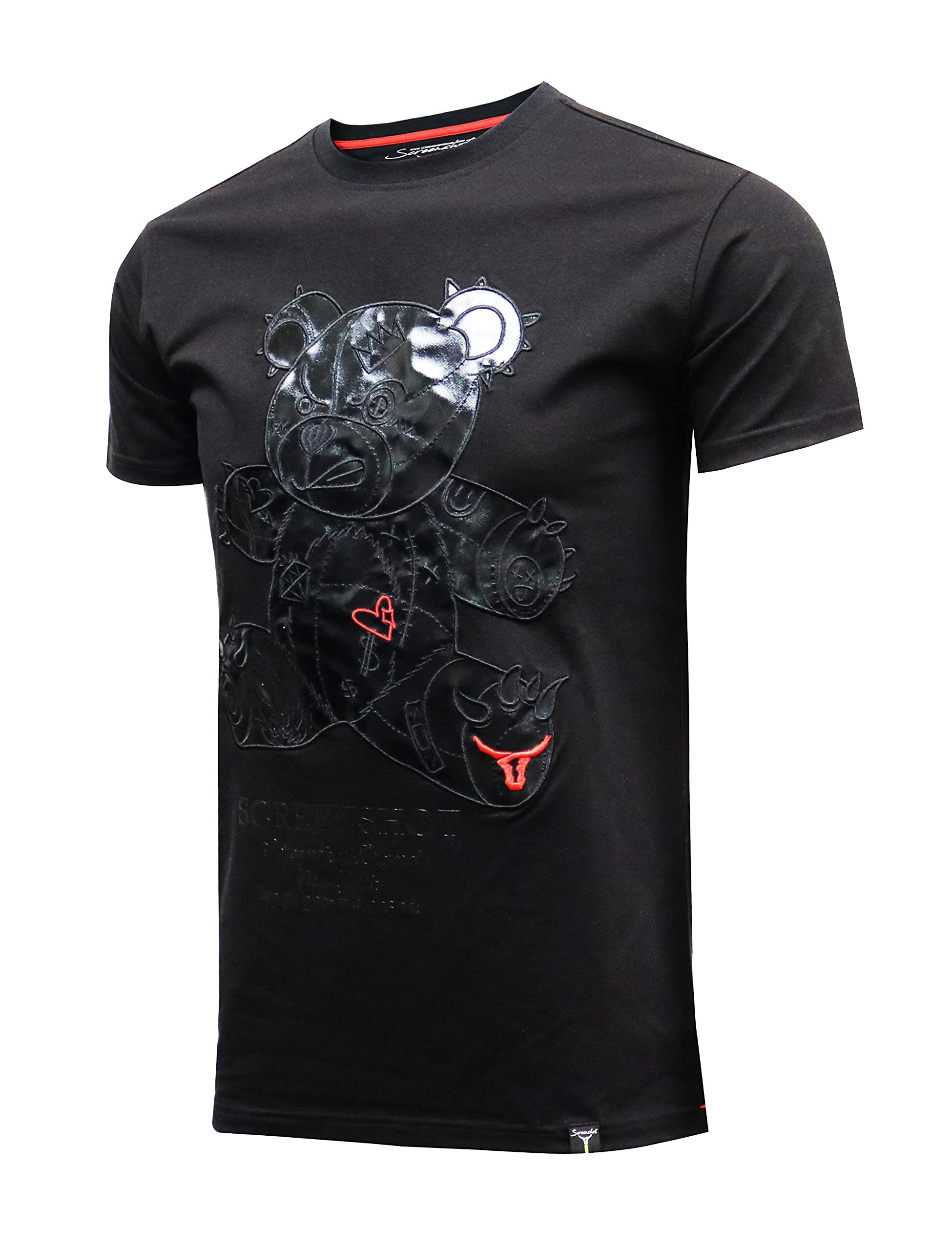 SCREENSHOT-S11113 Mens Hip-Hop Ultra Premium Quality Tee - Shiny Cartoon Teddy Bear Patch Embroidery Gel Print T-Shirt-Black/Black-Large