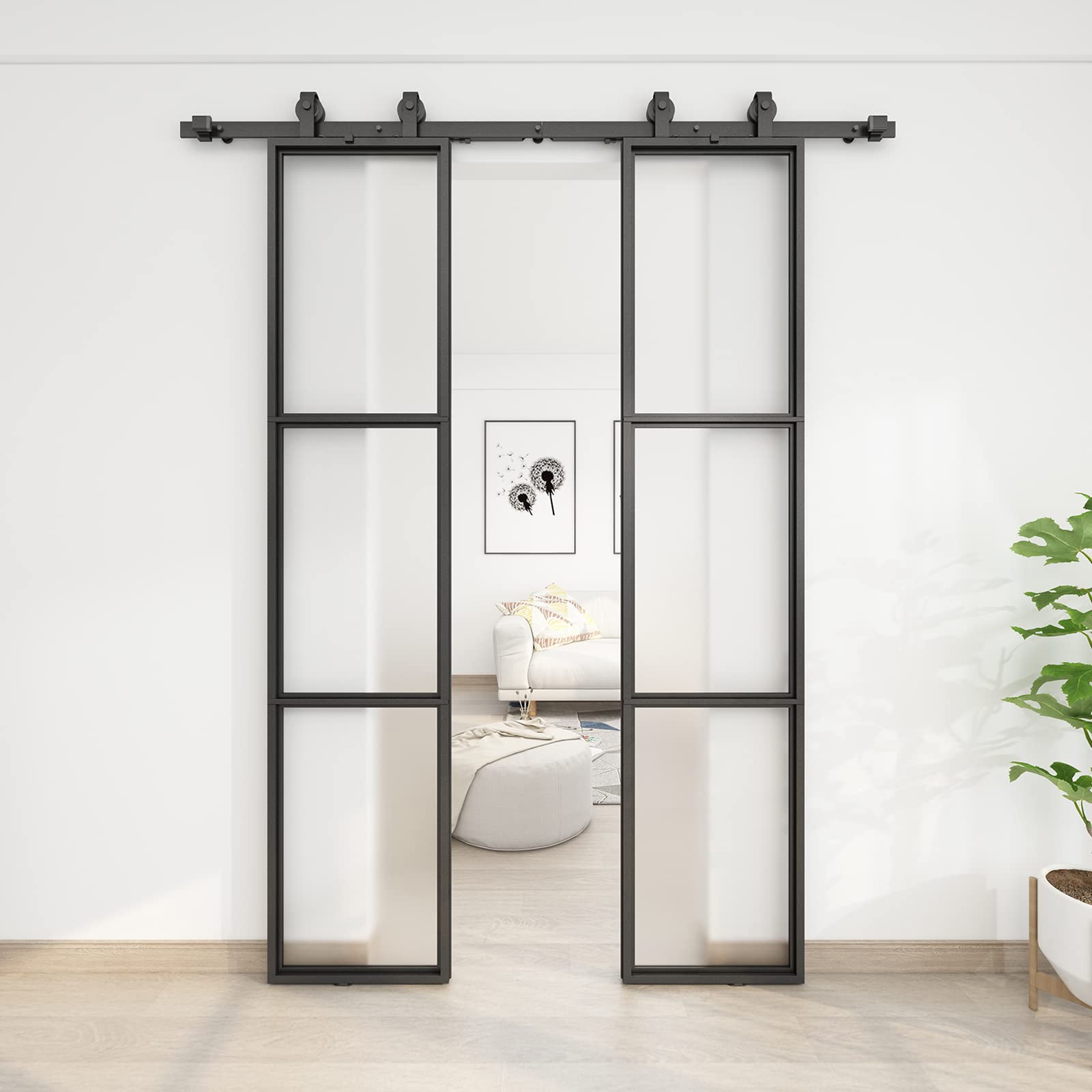 JUBEST 36 x 84 Inch Double Barn Door with 6FT Hardware Kit and Soft Close Mechanism Include, 2 Sets of 18in x 84in 3-Paneled Frosted Glass with Carbon Steel Frame Barn Door, Easy to Install