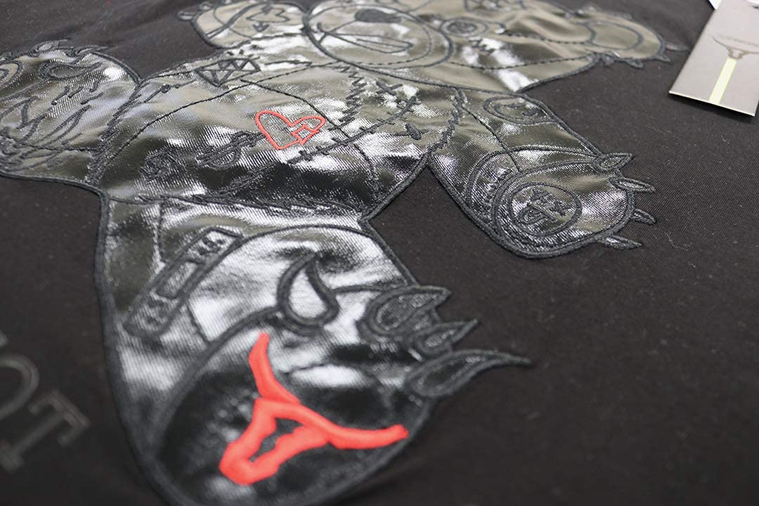 SCREENSHOT-S11113 Mens Hip-Hop Ultra Premium Quality Tee - Shiny Cartoon Teddy Bear Patch Embroidery Gel Print T-Shirt-Black/Black-Large