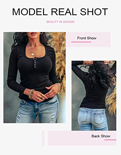 Dokotoo Women's Sexy Fall Tunic Tops for Leggings Long Sleeve Shirts V Neck Soild Color Front Button Up Causal Stretch Blouse Slim Fit T Shirt for Women Black Medium