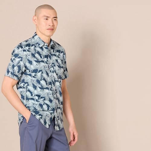 Amazon Essentials Slim-Fit Men's Short Sleeve Button Down Shirt, Aqua Blue Navy Palm Leaf Design, XX-Large