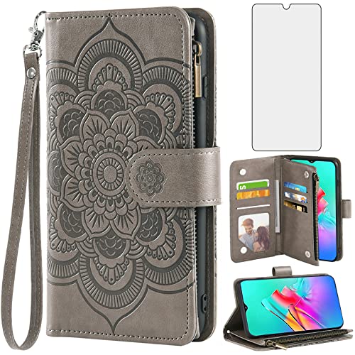 Asuwish Phone Case for Infinix Smart 5/Hot 10 Lite Wallet Cover with Tempered Glass Screen Protector and Flower Leather Flip Credit Card Holder Stand Folio Purse Cell Accessories X657B Women Men Grey