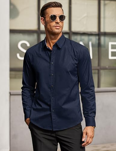 COOFANDY Mens Shirt Slim Fit Dress Business Plaid Button Down Collar, Navy Blue, Large, Long Sleeve