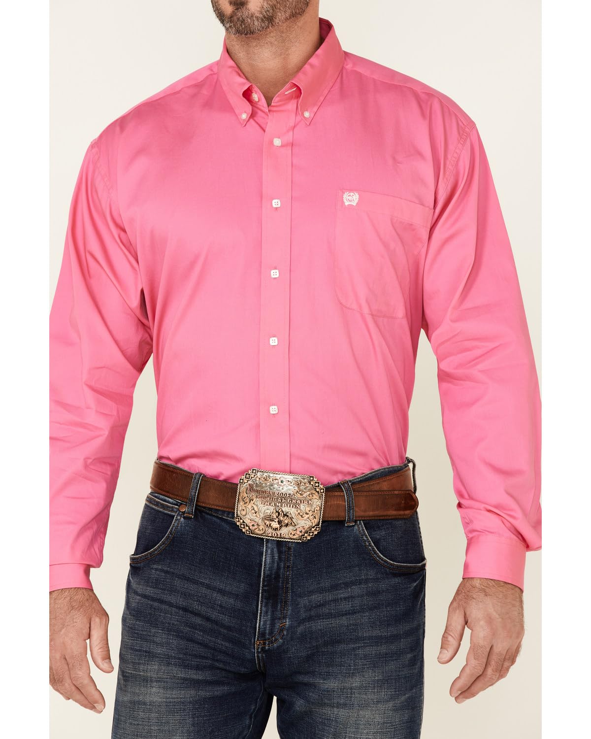 Cinch Men's Classic Fit Long Sleeve Button One Open Pocket Solid Basic Shirt, Pink, Large