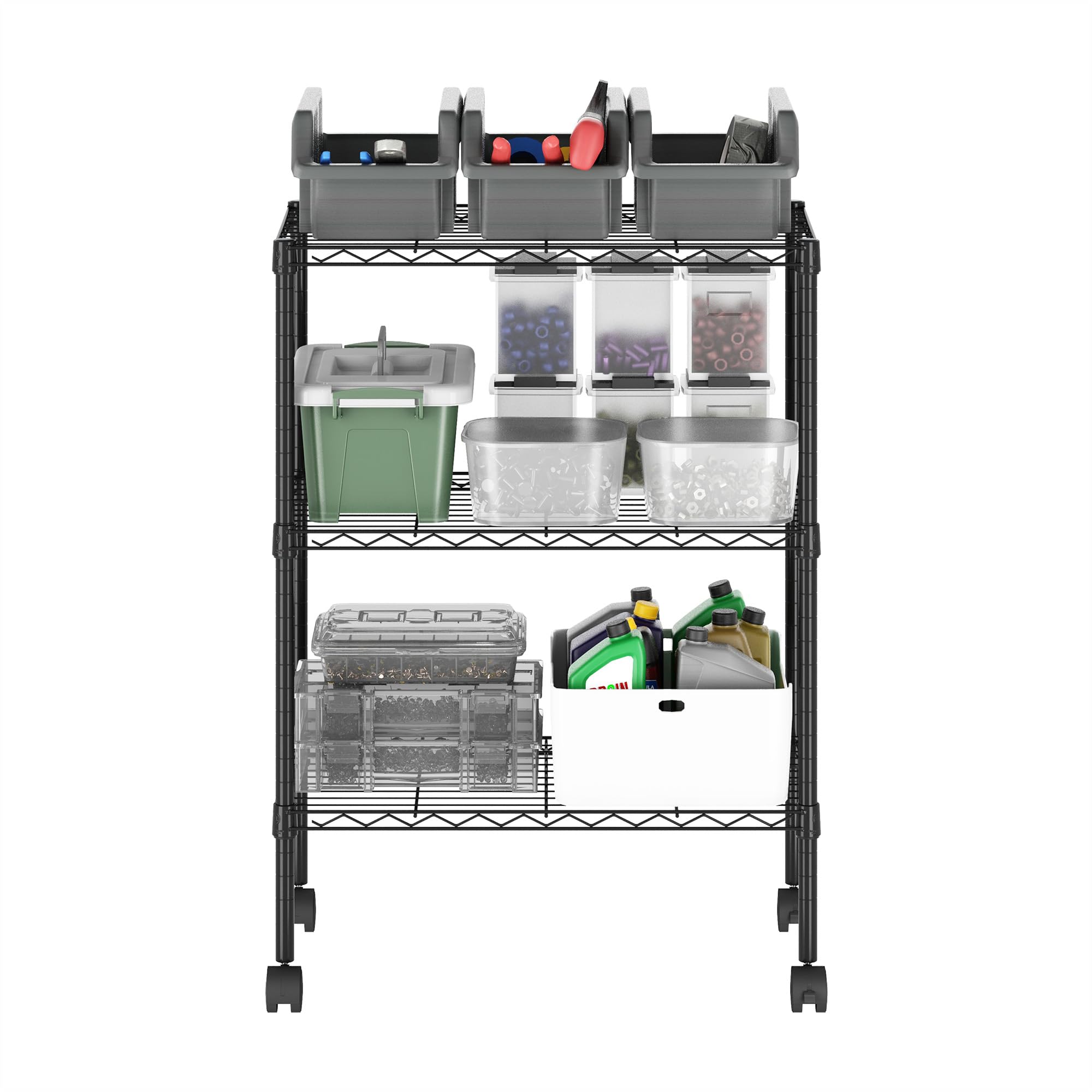 Furinno Wayar 3-Tier Metal Storage Shelf Rack Cart with Casters, 23 x 13 x 30, Black