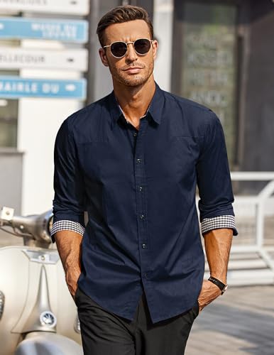 COOFANDY Mens Shirt Slim Fit Dress Business Plaid Button Down Collar, Navy Blue, Large, Long Sleeve
