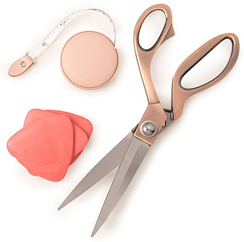 Professional Tailor & Dressmaker 9.5â Sharp Scissors for Cutting Heavy Fabrics & Leather + Measuring Tape & Tailorâs Chalk (Rose Gold)