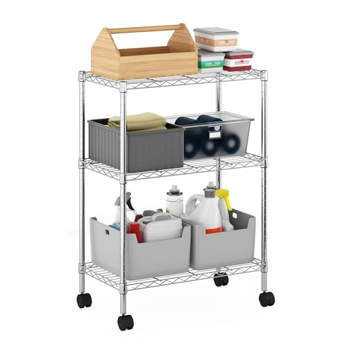 Furinno Wayar 3-Tier Metal Storage Shelf Rack Cart with Casters, 23 x 13 x 30, Stainless Steel