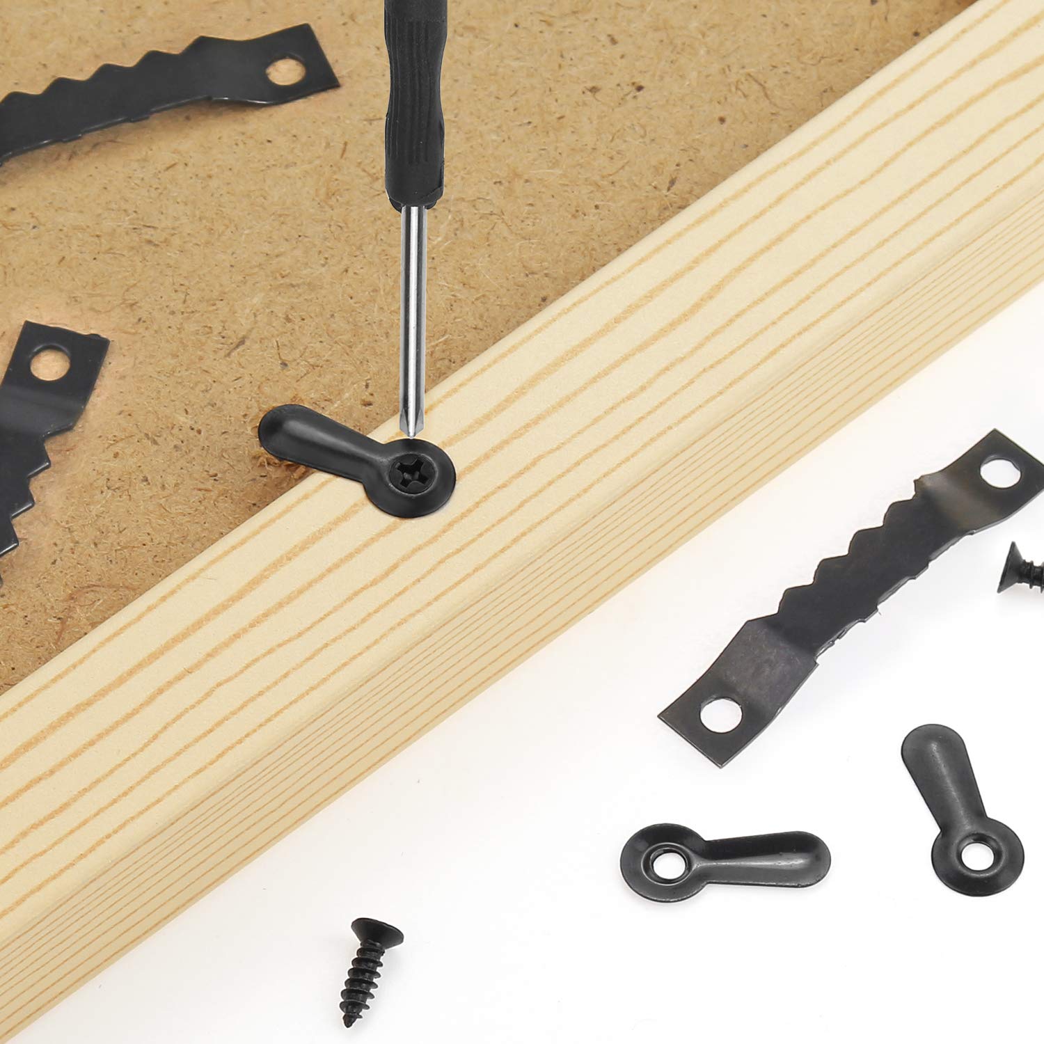 Powlankou 200 Piece Picture Hanger Kit, Including 100 Sawtooth Picture Frame Hangers and 100 Frame Turn Buttons with Screws