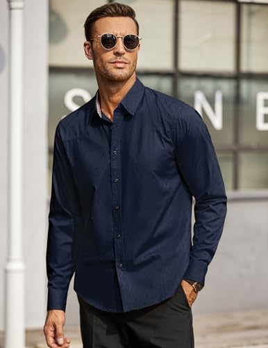 COOFANDY Mens Shirt Slim Fit Dress Business Plaid Button Down Collar, Navy Blue, Large, Long Sleeve