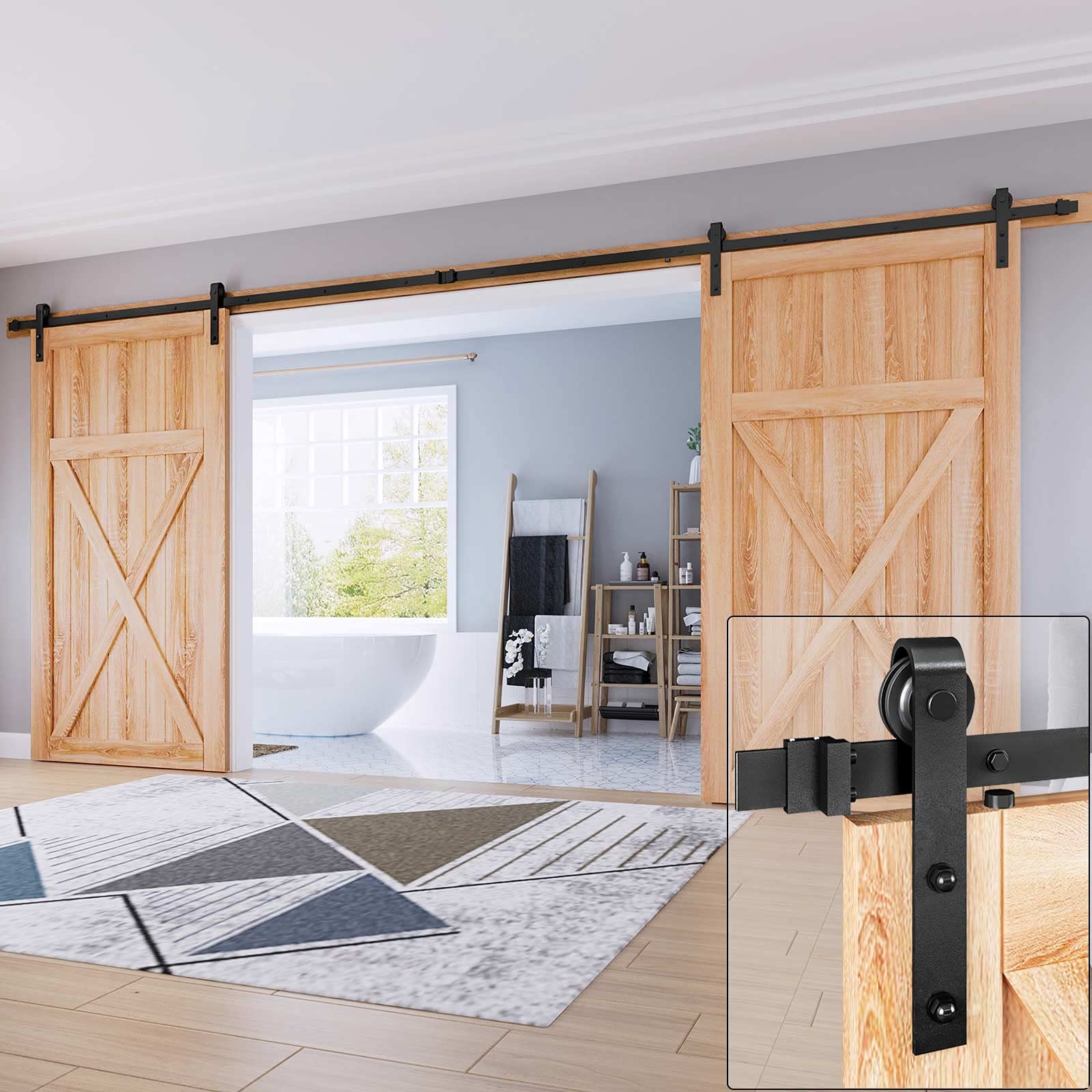 EaseLife 16 FT Double Door Sliding Barn Door Hardware Track Kit,Basic J Pulley,Heavy Duty,Slide Smoothly Quietly,Easy Install (16FT Track Kit for Double 48" Wide Door)