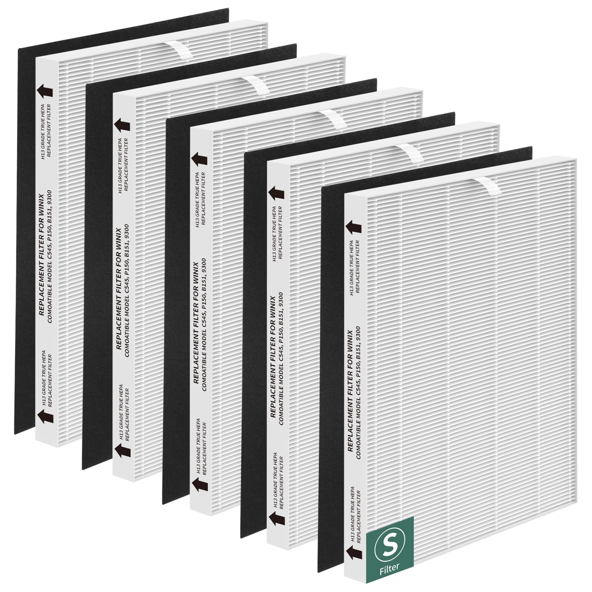 SAKEGDY 5 Packs C545 True HEPA Replacement Filter Set, Compatible with Winix C545 Purifier, Winix Filter S, Part# 1712-0096-00, 5 True HEPA + 5 Carbon Pre-filters