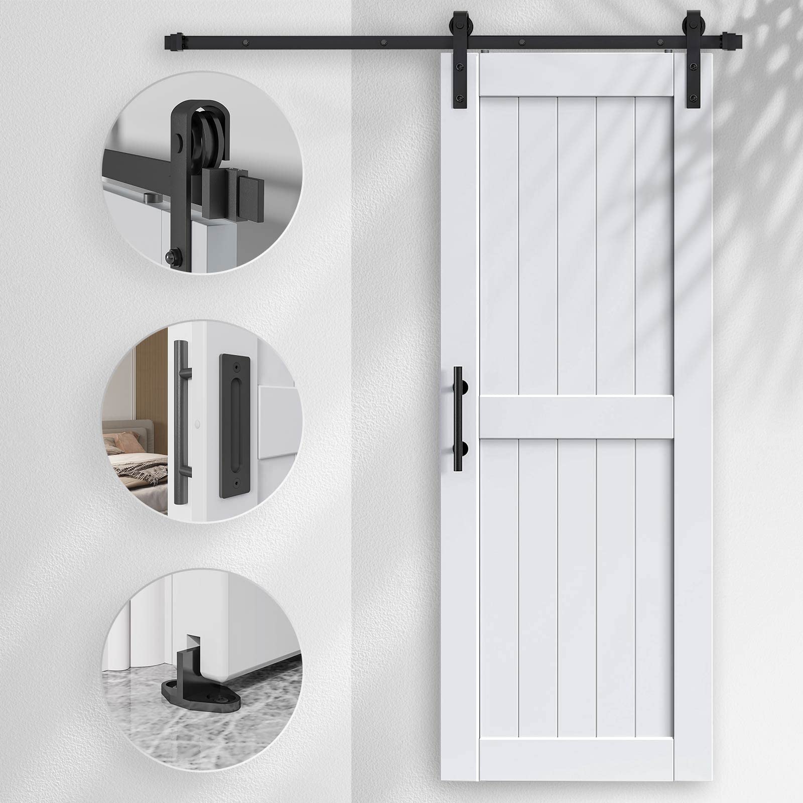 EaseLife 30in x 84in Sliding Barn Door with 5.5FT Barn Door Hardware Track Kit Included,Solid LVL Wood Slab Covered with Water-Proof & Scratch-Resistant PVC Surface,DIY Assembly,Easy Install,White