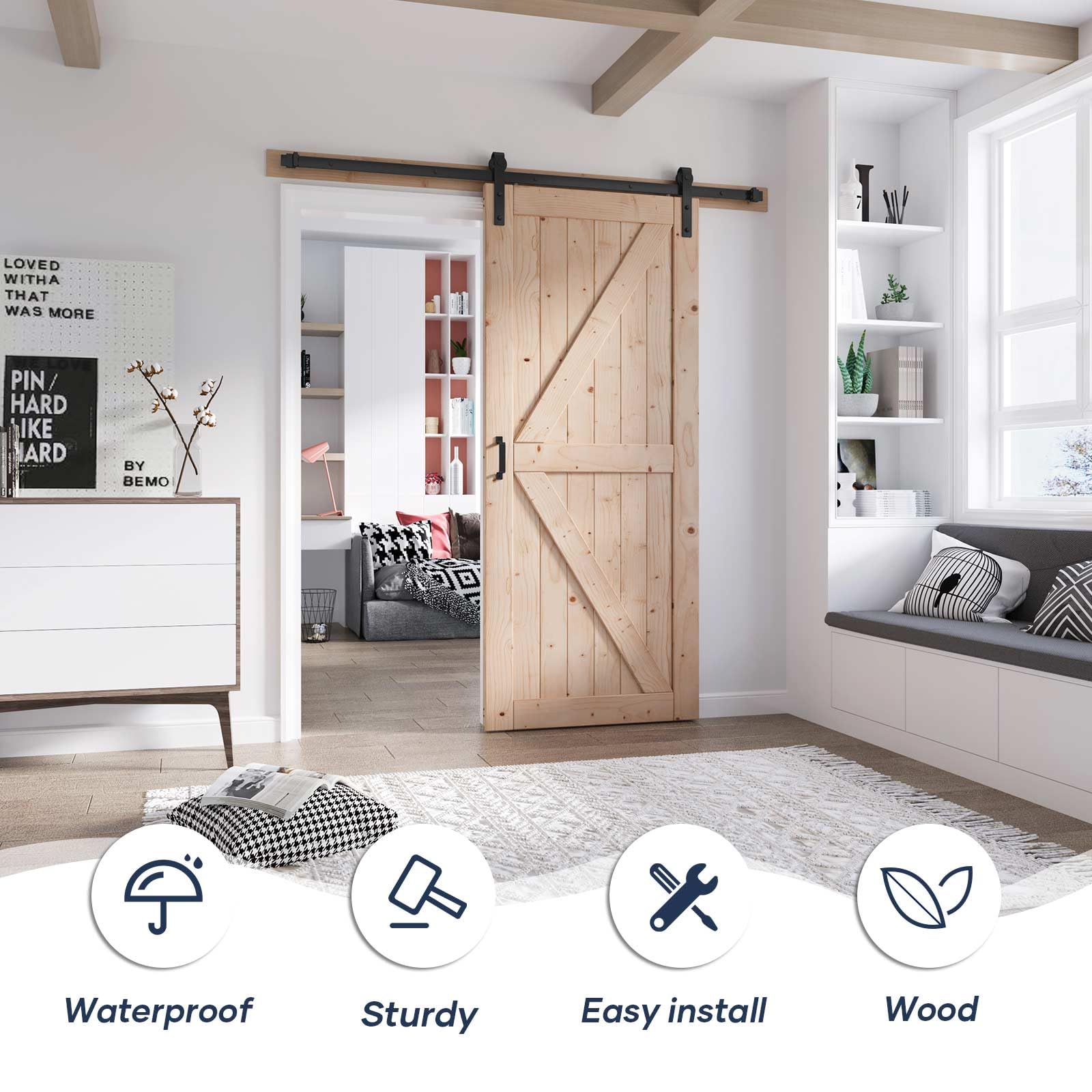 FREDBECK 42in x 84in Wood Barn Door with 7FT Barn Door Hardware Kit Included K Shape Solid Spruce Wood Panel Need to Assembly
