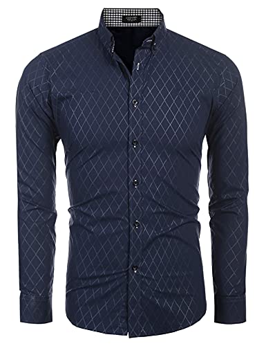 COOFANDY Mens Shirt Slim Fit Dress Business Plaid Button Down Collar, Navy Blue, Large, Long Sleeve