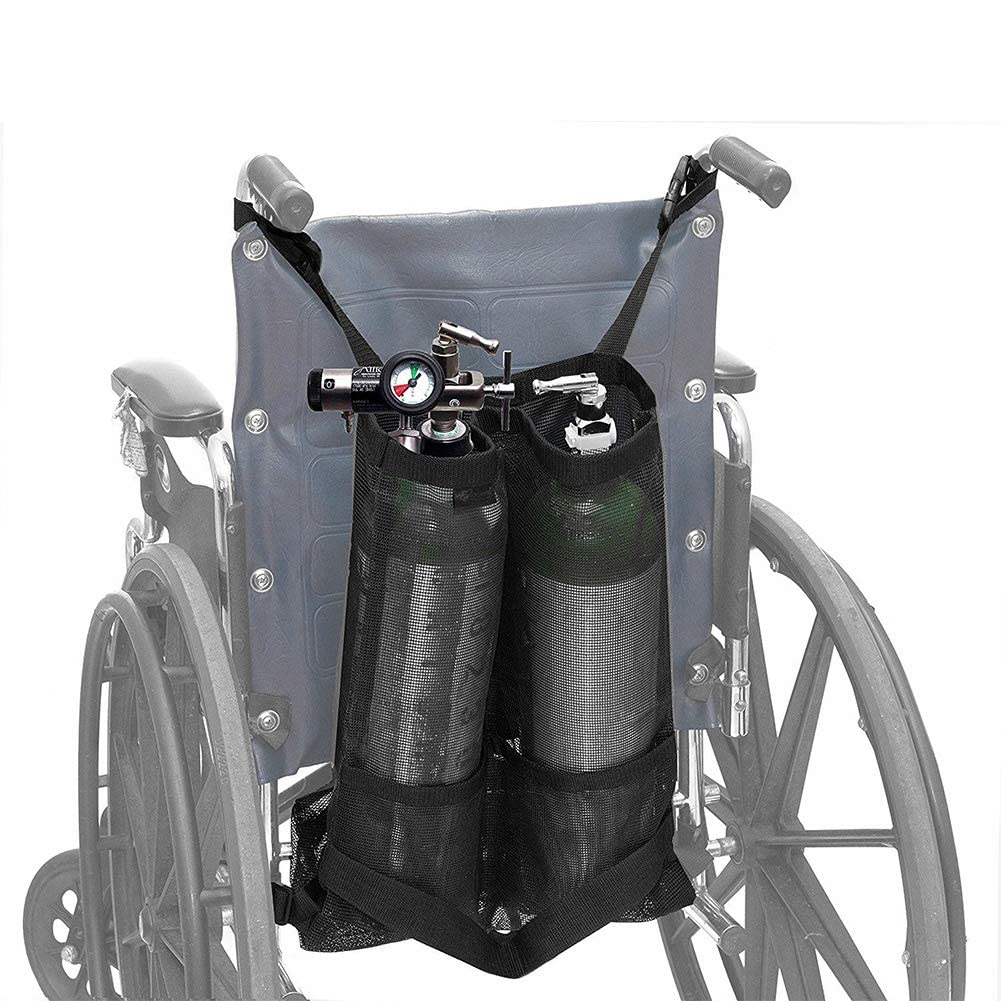 Dual Oxygen Tank Holder for Wheelchair,Double Oxygen Tank Bag,Oxygen Tank Carrier for D & E Cylinders Oxygen Storage Bag with Mesh Storage Pocket,Suitable for Medical, Personal Use,Family and Hospital