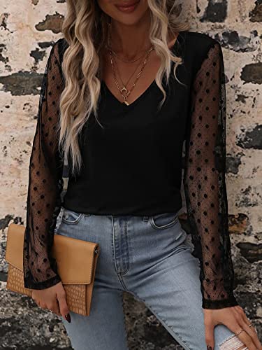 WDIRARA Women's V Neck Polka Dots Sheer Mehs Long Sleeve Twist Backless Sexy Top Black M