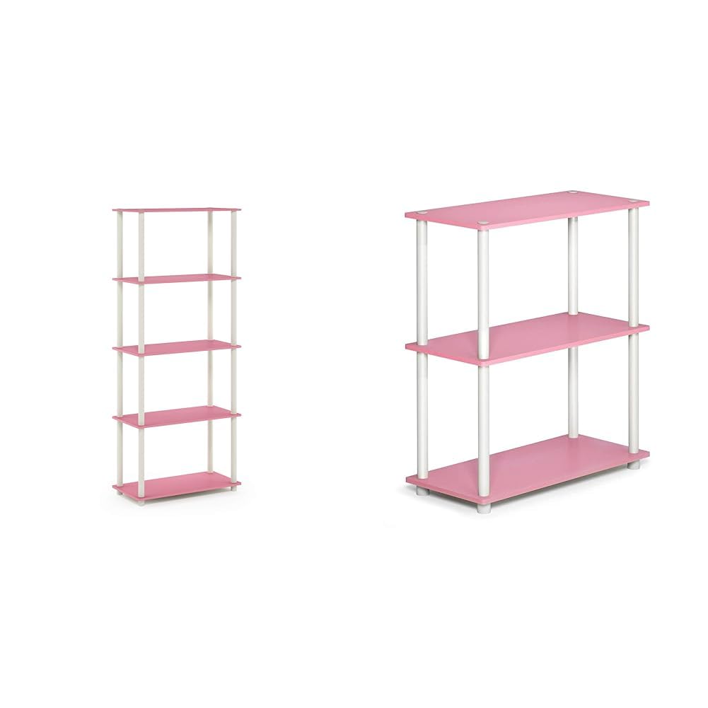 Furinno Turn-N-Tube 5-Tier and 3-Tier Storage Shelves, Pink/White