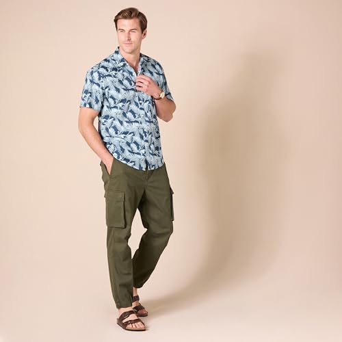 Amazon Essentials Slim-Fit Men's Short Sleeve Button Down Shirt, Aqua Blue Navy Palm Leaf Design, XX-Large