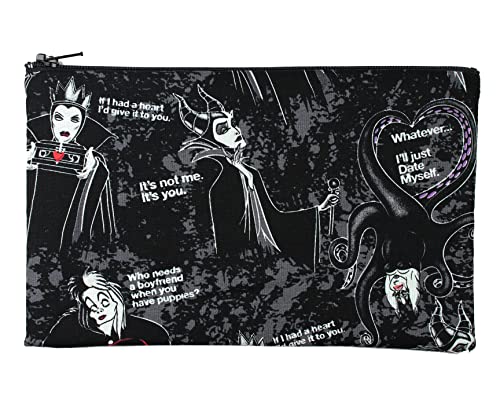 Barefoot Sewing Aromantic Maleficent, Ursula, Cruella de Vil, and Evil Queen Disney Villain Fabric Pencil Case or Cosmetic Bag - Hand Made in the USA - 8” x 5” Zipper Pouch Made with Licensed Fabric