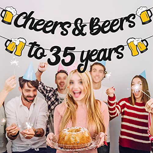 35th Birthday Decorations Cheers to 35 Years 35s Birthday Banner for Men Women 35th Birthday Black Glitter Backdrop Wedding Anniversary Party Supplies Decorations Pre Strung