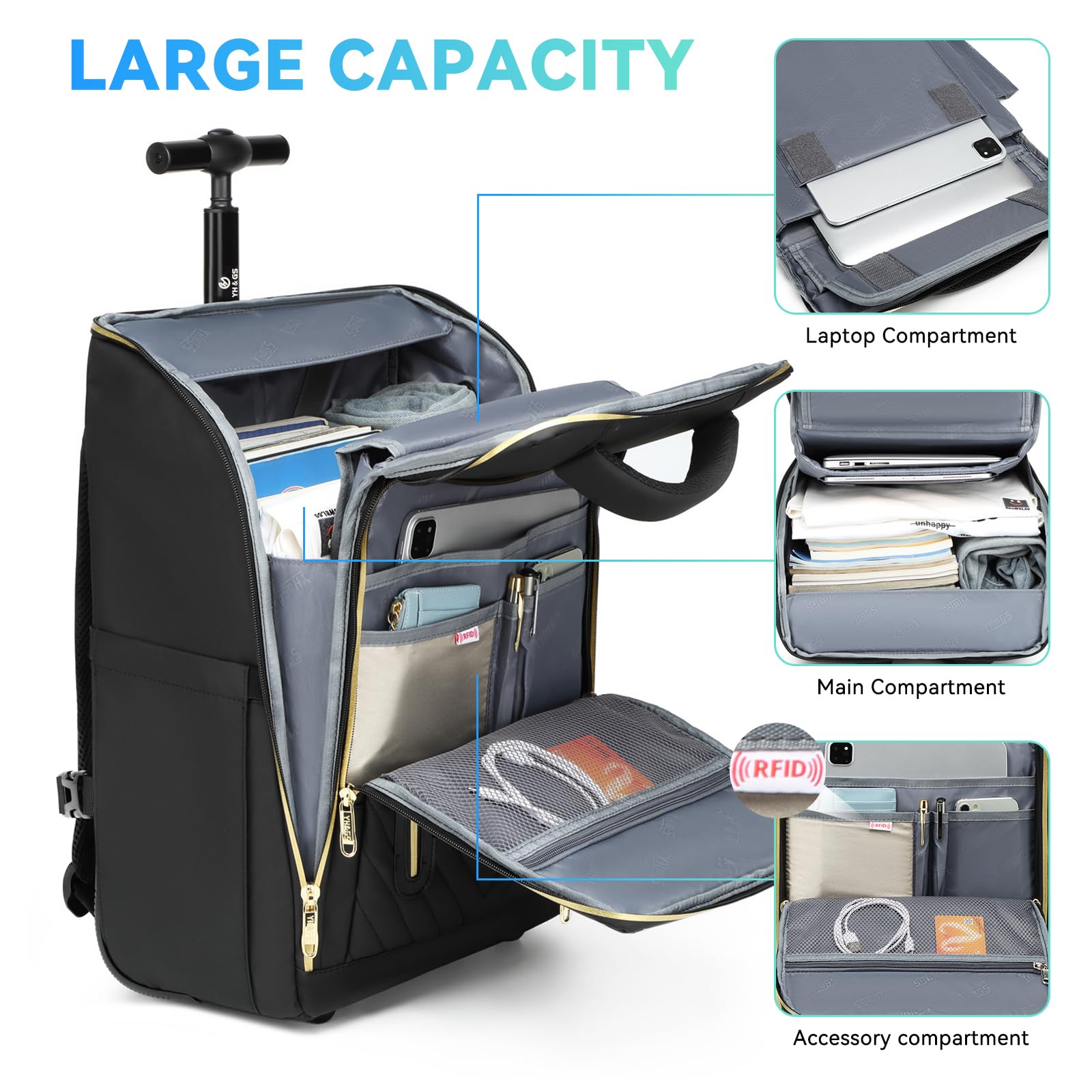 GOTECH Rolling Backpack, Waterproof Backpack with Wheels for Business Commuter, Carry on Backpack with Laptop Compartment, Fit 15.6/18 Inch Laptop, Wheeled Backpack for Adults (Gold Black)